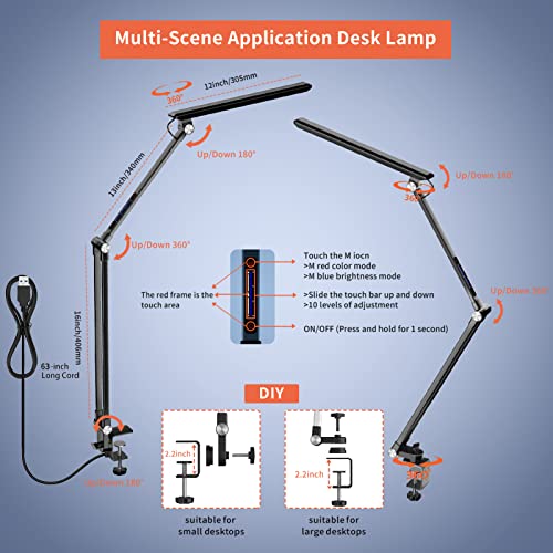 Reifeiniwei LED Desk Lamp,Dimmable 10 Color Modes 2700K-7000K & 10 Brightness,Swing Arm Table Light with Clamp,Eye-Caring Clip-on Lamps with Memory Function for Reading Work Study 700LM-Black…