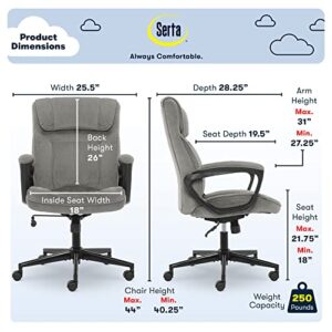 Serta Executive Office Chair Ergonomic Computer Upholstered Layered Body Pillows, Contoured Lumbar Zone, Base, Fabric, Black/Grey