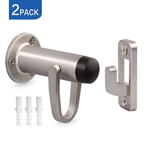 HOMOTEK 2 Pack Heavy Duty Door Stopper with Manual Hook,Door Holder Stop with Sound Dampening Rubber Bumper Wall Mounted, Brushed Satin Nickel