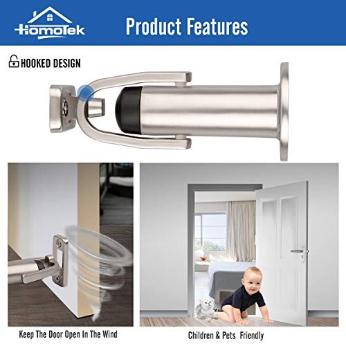 HOMOTEK 2 Pack Heavy Duty Door Stopper with Manual Hook,Door Holder Stop with Sound Dampening Rubber Bumper Wall Mounted, Brushed Satin Nickel