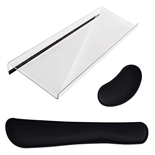 Kalolary 3 Pcs Acrylic Tilted Computer Keyboard Holder with Mouse & Keyboard Wrist Rest Pad, Computer Keyboard Stand Set for Easy Ergonomic Typing for Office Desk, Home, School