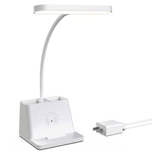 tapwak small desk lamp with wireless charger, white gooseneck desktop lamp, study lamps for bedrooms/small spaces desk lights for home office with pen holder, cute desk lamp for college dorm room