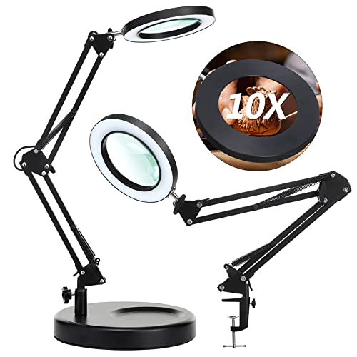 10X Desk Magnifying Glass with Light, NUEYiO 2-in-1 Heavy Duty Base&Clamp Magnifying lamp, 4.1'' Real Glass Len, 3 Color Stepless Dimmable LED Lighted Magnifier Glass for Soldering Crafts Sewing