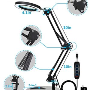 10X Desk Magnifying Glass with Light, NUEYiO 2-in-1 Heavy Duty Base&Clamp Magnifying lamp, 4.1'' Real Glass Len, 3 Color Stepless Dimmable LED Lighted Magnifier Glass for Soldering Crafts Sewing