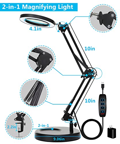 10X Desk Magnifying Glass with Light, NUEYiO 2-in-1 Heavy Duty Base&Clamp Magnifying lamp, 4.1'' Real Glass Len, 3 Color Stepless Dimmable LED Lighted Magnifier Glass for Soldering Crafts Sewing