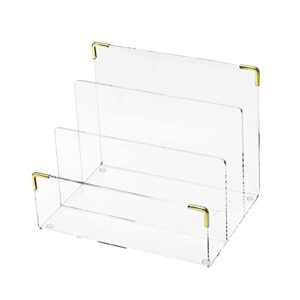 clear acrylic file sorter with gold accents desk file folder holder file folder rack for document paper letter book envelope laptop organizer, clear acrylic office file organizer on office desktop