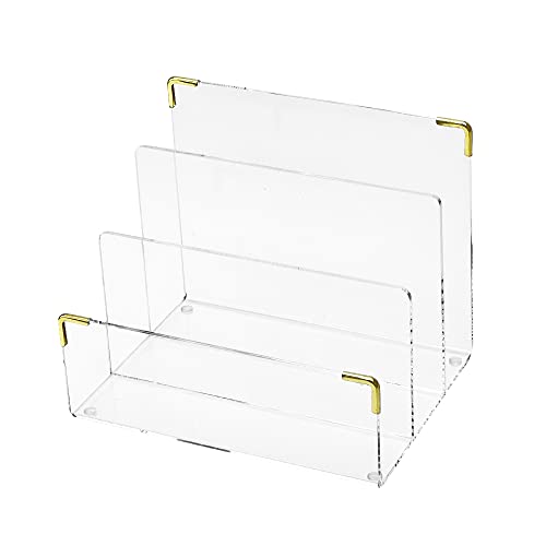 Clear Acrylic File Sorter with Gold Accents Desk File Folder Holder File Folder Rack for Document Paper Letter Book Envelope Laptop Organizer, Clear Acrylic Office File Organizer on Office Desktop