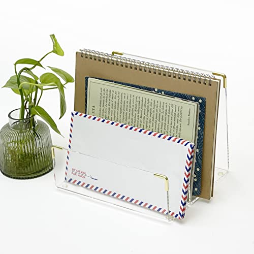 Clear Acrylic File Sorter with Gold Accents Desk File Folder Holder File Folder Rack for Document Paper Letter Book Envelope Laptop Organizer, Clear Acrylic Office File Organizer on Office Desktop