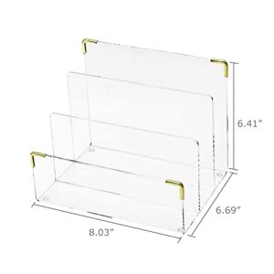 Clear Acrylic File Sorter with Gold Accents Desk File Folder Holder File Folder Rack for Document Paper Letter Book Envelope Laptop Organizer, Clear Acrylic Office File Organizer on Office Desktop