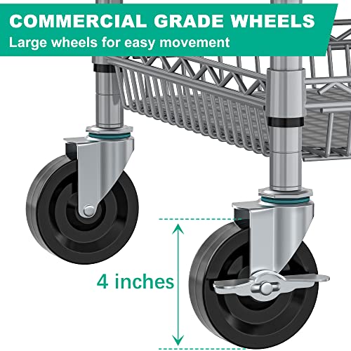 3 Tier Rolling Cart Heavy Duty, Utility Cart with Wheels Kitchen Storage Cart Metal Cart Organizer with Adjustable Shelves Commercial Grade Service Cart with Handle Bar Shelf Liners