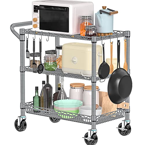 3 Tier Rolling Cart Heavy Duty, Utility Cart with Wheels Kitchen Storage Cart Metal Cart Organizer with Adjustable Shelves Commercial Grade Service Cart with Handle Bar Shelf Liners