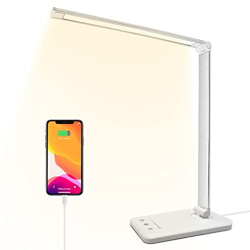 Led Desk Lamp, HMFUNTM Desk Lamp with USB Charging Port, 5 Color Modes, 10 Brightness, Natural Light, Eye Caring Reading Lamp, Desk Light for Home Office, Table Lamp, Touch Control, Auto-Timer, Silver