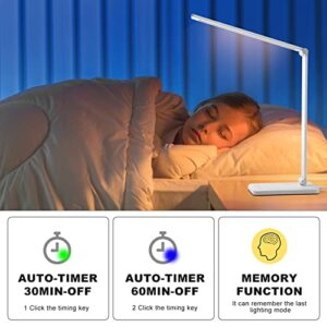 Led Desk Lamp, HMFUNTM Desk Lamp with USB Charging Port, 5 Color Modes, 10 Brightness, Natural Light, Eye Caring Reading Lamp, Desk Light for Home Office, Table Lamp, Touch Control, Auto-Timer, Silver