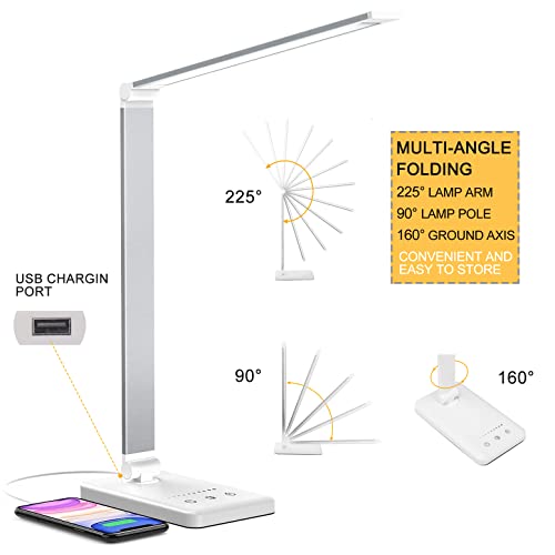 Led Desk Lamp, HMFUNTM Desk Lamp with USB Charging Port, 5 Color Modes, 10 Brightness, Natural Light, Eye Caring Reading Lamp, Desk Light for Home Office, Table Lamp, Touch Control, Auto-Timer, Silver