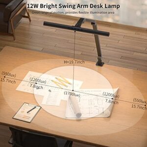 KableRika 12W LED Desk Lamp with Clamp, Bright Swing Arm Desk Lamp, Dimmable Architect Lamp for Home Office, Eye-Caring Overhead Lighting&6 Color Temperatures for Monitor/Study/Reading