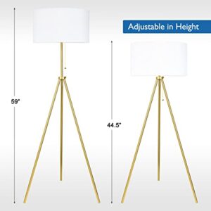 O’Bright Tripod Floor Lamp, Adjustable in Height, 100% Metal Body with Linen Drum Shade, E26 Socket, Bedside Lamp, Standing Light for Living Room, Bedroom, Office, Antique Brass