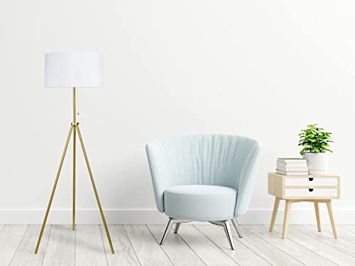 O’Bright Tripod Floor Lamp, Adjustable in Height, 100% Metal Body with Linen Drum Shade, E26 Socket, Bedside Lamp, Standing Light for Living Room, Bedroom, Office, Antique Brass