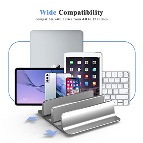 Vertical Laptop Stand Holder, Adjustable 2 Slot Aluminum MacBook Desktop Holde(Up to 17.3 inch) Space-Saving for All MacBook/Chromebook/Surface/Dell/iPad and Gaming Laptops, Silver