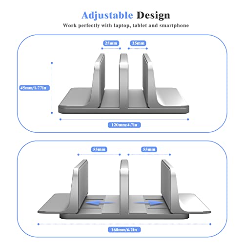 Vertical Laptop Stand Holder, Adjustable 2 Slot Aluminum MacBook Desktop Holde(Up to 17.3 inch) Space-Saving for All MacBook/Chromebook/Surface/Dell/iPad and Gaming Laptops, Silver