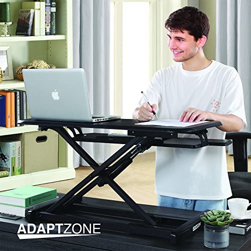 ADAPTZONE Standing Desk Converter, 33 Inch Height Adjustable Sit Stand Up Desk Riser, Sit Stand Desk Converter with Deep Keyboard Tray for Laptop, Tabletop Stand Up Desk Workstation Fits Dual Monitor