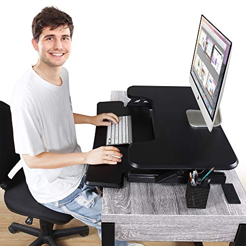 ADAPTZONE Standing Desk Converter, 33 Inch Height Adjustable Sit Stand Up Desk Riser, Sit Stand Desk Converter with Deep Keyboard Tray for Laptop, Tabletop Stand Up Desk Workstation Fits Dual Monitor