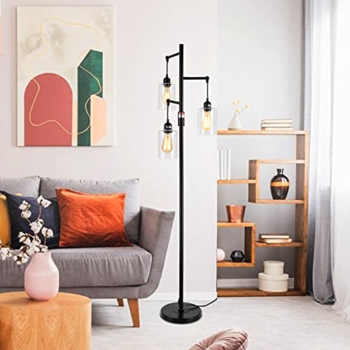 Airposta Industrial Floor Lamp with On/Off Dimmable Switch, 3-Head Rustic Tree Standing Lamp, Edison Bulb 40W Retro Tall Glass Floor Light for Living Room, Reading, Office, Bedroom, Black