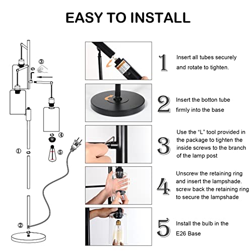 Airposta Industrial Floor Lamp with On/Off Dimmable Switch, 3-Head Rustic Tree Standing Lamp, Edison Bulb 40W Retro Tall Glass Floor Light for Living Room, Reading, Office, Bedroom, Black