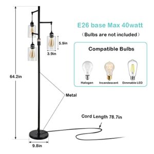 Airposta Industrial Floor Lamp with On/Off Dimmable Switch, 3-Head Rustic Tree Standing Lamp, Edison Bulb 40W Retro Tall Glass Floor Light for Living Room, Reading, Office, Bedroom, Black