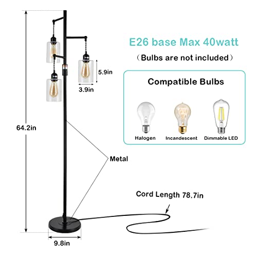 Airposta Industrial Floor Lamp with On/Off Dimmable Switch, 3-Head Rustic Tree Standing Lamp, Edison Bulb 40W Retro Tall Glass Floor Light for Living Room, Reading, Office, Bedroom, Black