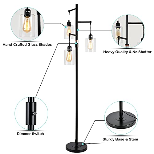 Airposta Industrial Floor Lamp with On/Off Dimmable Switch, 3-Head Rustic Tree Standing Lamp, Edison Bulb 40W Retro Tall Glass Floor Light for Living Room, Reading, Office, Bedroom, Black