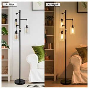 Airposta Industrial Floor Lamp with On/Off Dimmable Switch, 3-Head Rustic Tree Standing Lamp, Edison Bulb 40W Retro Tall Glass Floor Light for Living Room, Reading, Office, Bedroom, Black