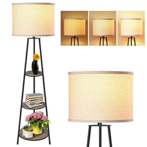 floor lamp, 3-tier round corner shelf floor lamp with 3 dimmable levels – simple standing lamp with white fabric shade, tall modern floor lamps with shelves for bedroom, living room and office