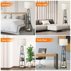 Floor Lamp, 3-Tier Round Corner Shelf Floor Lamp with 3 Dimmable Levels - Simple Standing Lamp with White Fabric Shade, Tall Modern Floor Lamps with Shelves for Bedroom, Living Room and Office