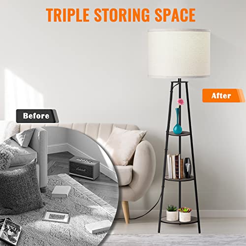 Floor Lamp, 3-Tier Round Corner Shelf Floor Lamp with 3 Dimmable Levels - Simple Standing Lamp with White Fabric Shade, Tall Modern Floor Lamps with Shelves for Bedroom, Living Room and Office