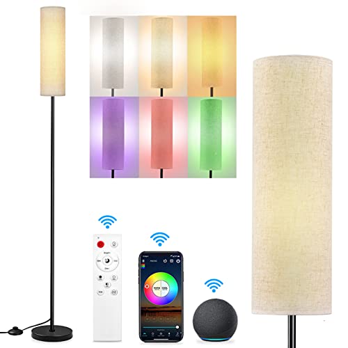 Floor Lamps for Living Room Smart LED Modern Tall Light Standing Lamp Compatible with Alexa & Google Home, Corner Lamp with Linen Lampshade for Bedroom Remote & WiFi APP Control Stepless Dimmable