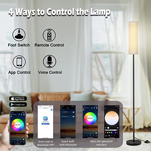 Floor Lamps for Living Room Smart LED Modern Tall Light Standing Lamp Compatible with Alexa & Google Home, Corner Lamp with Linen Lampshade for Bedroom Remote & WiFi APP Control Stepless Dimmable