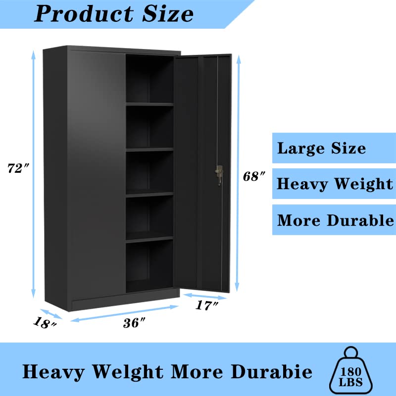 GREATMEET Metal Storage Cabinet with 4 Adjustable Shelves and Locking Doors, Tall Metal Utility Storage Cabinet, 72" H Locking Steel Storage Cabinet for Office,Pantry,Garage, Black