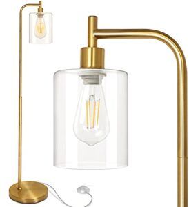 gold industrial floor lamp, elizabeth vintage standing lamp with e26 light bulb & hanging clear glass shade, noble tall pole floor lamp with foot switch for bedroom living room office bedside reading