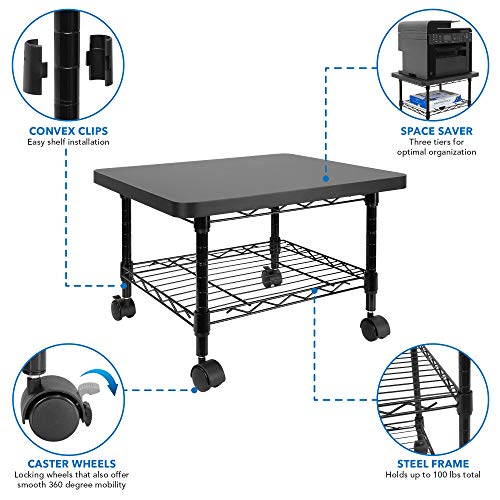 Mount-It! Under Desk Printer Stand with Wheels | Mobile Printer and Fax Cart with Storage Shelf for Office and Home Use, 2 Tiers (Black)