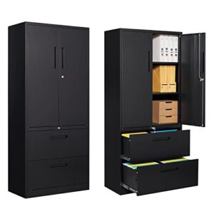 peukc 2-drawer metal file cabinet, lateral vertical filing cabinets for home office, locking file cabinet with storage shelves, legal/letter/a4 size offcie file cabinet, (black, assemble required)