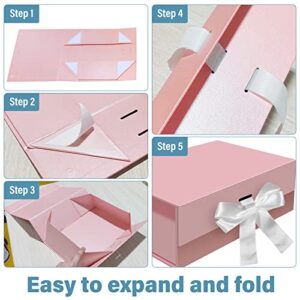 BoShahai Pink Magnetic Gift Boxes, 12x8x4 Inches Foldable Gift Box with Ribbon, Large Luxury Gift Packaging with Magnetic Closure for Parties, Weddings, Bridesmaid Proposal, Storage