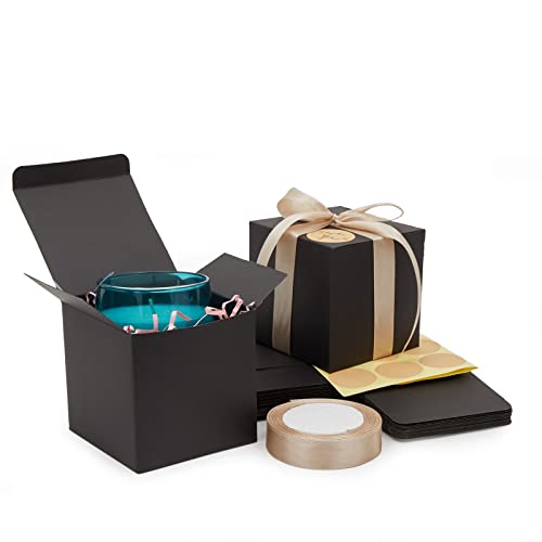 Kraft Black Paper Gift Boxes, Bulk Set with Ribbon and Stickers (4x4x4 In, 25 Pack)