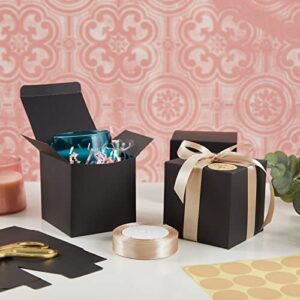 Kraft Black Paper Gift Boxes, Bulk Set with Ribbon and Stickers (4x4x4 In, 25 Pack)