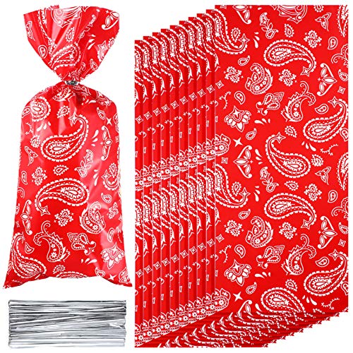 Blulu 100 Pieces Western Bandana Cellophane Bags Red Bandana Print Cello Treat Bags Cookie Candy Bags with 100 Pieces Silver Twist Ties for Western Cowboy Theme Party Favor