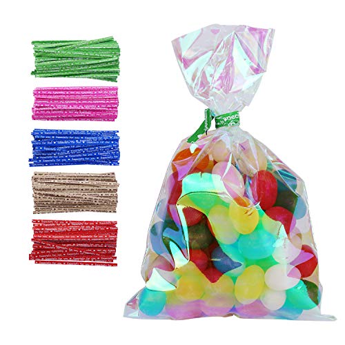 100 Pack Iridescent Holographic Cellophane Party Favor Treat Bags with 5 Colors Twist Ties Good for Themed Celebrations Baby Showers Weddings Girls Birthday Party Supplies (3" x 5")