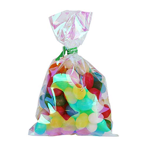 100 Pack Iridescent Holographic Cellophane Party Favor Treat Bags with 5 Colors Twist Ties Good for Themed Celebrations Baby Showers Weddings Girls Birthday Party Supplies (3" x 5")