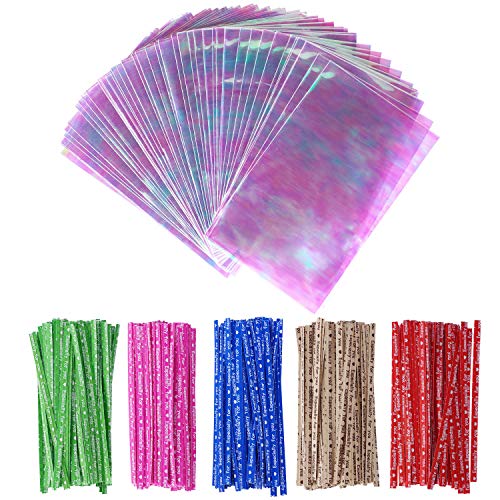 100 Pack Iridescent Holographic Cellophane Party Favor Treat Bags with 5 Colors Twist Ties Good for Themed Celebrations Baby Showers Weddings Girls Birthday Party Supplies (3" x 5")