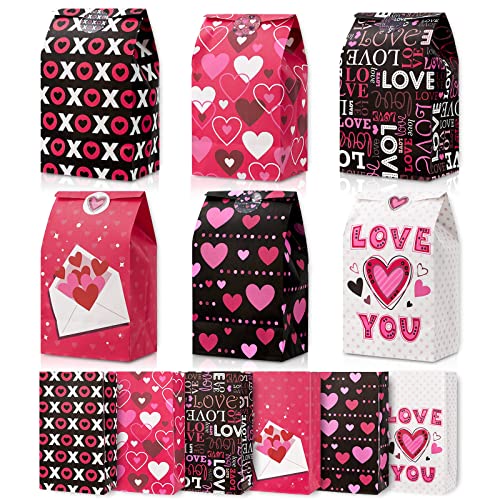 Whaline 48Pcs Valentine's Day Paper Gift Bags Bulk Hearts Love Paper Party Favor Bags with Stickers Pink Black Goodie Candy Bags for Wedding Anniversary Snack Cookie Wrapping Supplies