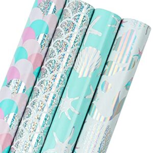 WRAPAHOLIC Wrapping Paper Roll - Mermaid Scale and Jellyfish Design with Colorful Foil for Birthday, Holiday, Baby Shower - 4 Rolls - 30 inch X 120 inch Per Roll