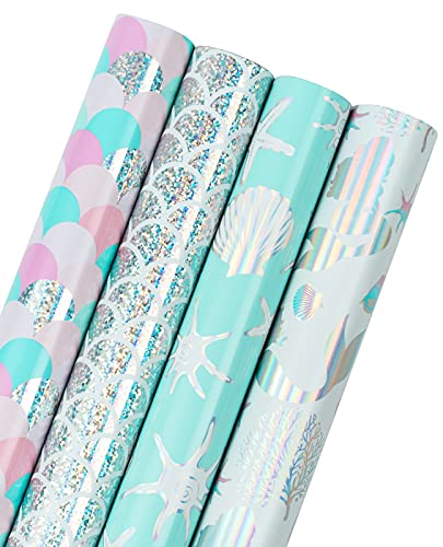 WRAPAHOLIC Wrapping Paper Roll - Mermaid Scale and Jellyfish Design with Colorful Foil for Birthday, Holiday, Baby Shower - 4 Rolls - 30 inch X 120 inch Per Roll